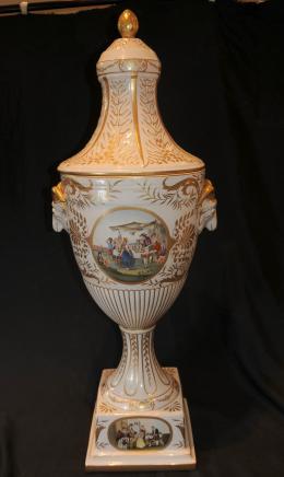 Large Dresden Porcelain Rams Head Urn Vase